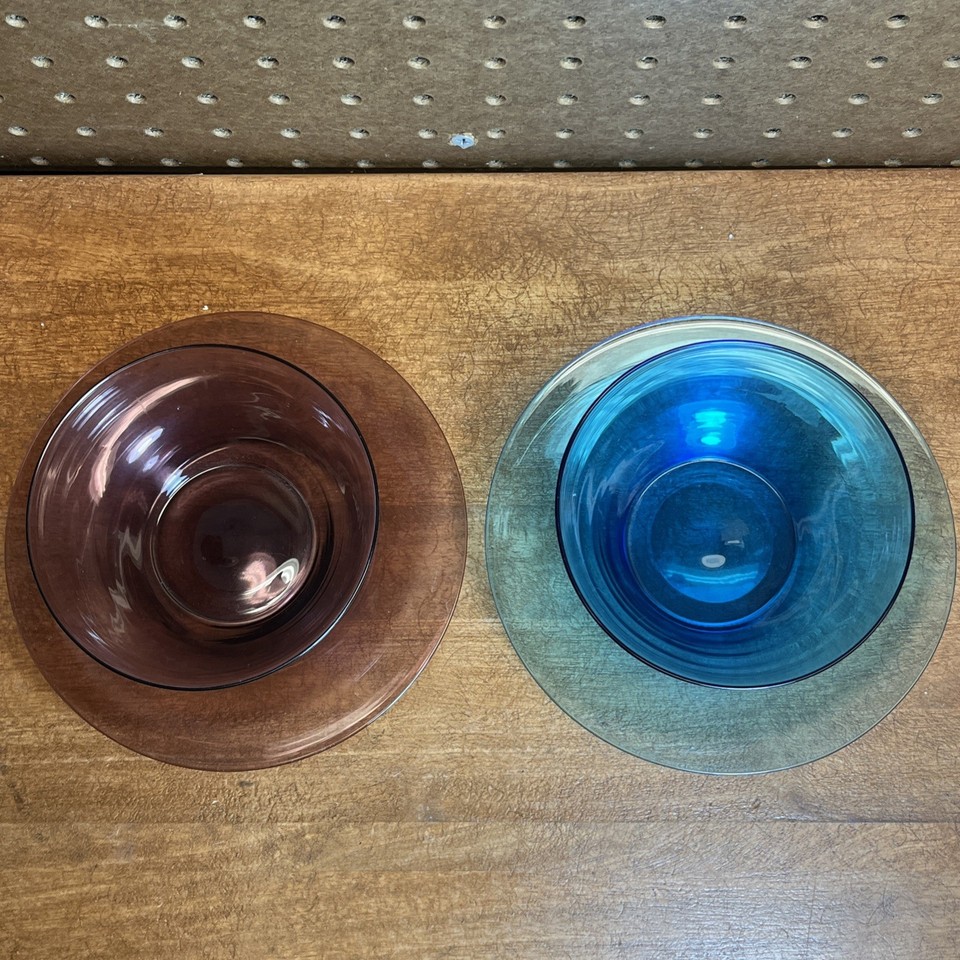 Steuben Art Glass-Set of 2 Bowl/Saucer Sets-Azur Blue& Rose Amber ...