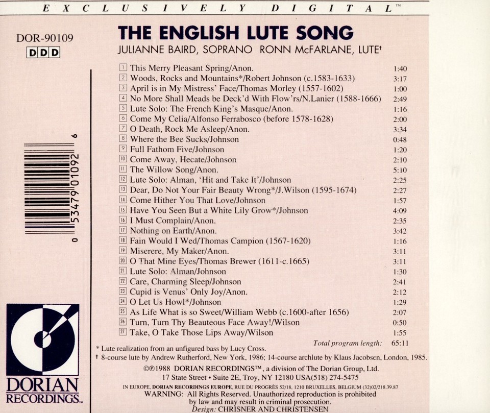 English Lute Song - Julianne Baird, soprano (CD, Dorian, 1993) | eBay