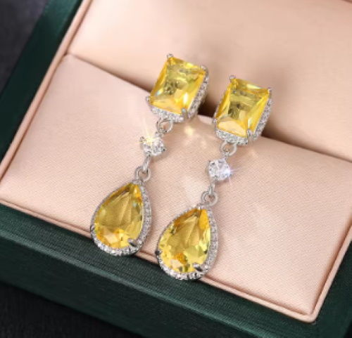 Long Yellow Oblong Square Rhinestone Earrings Wedding Prom Pageant | eBay