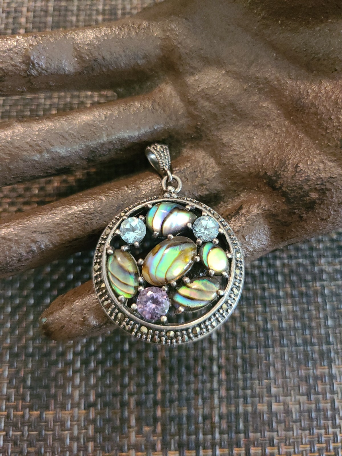 VTG SLC STERLING SILVER GEMSTONES PAUA SHELL ABALONE CIRCLE PENDANT 925 ...