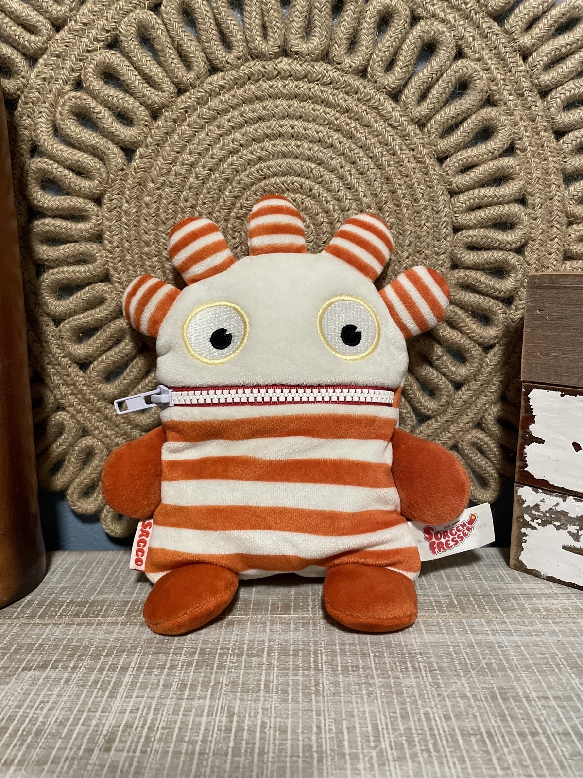 Worry Eaters Plush Doll Saggo Zipper Mouth - 9” Tall - Orange White ...
