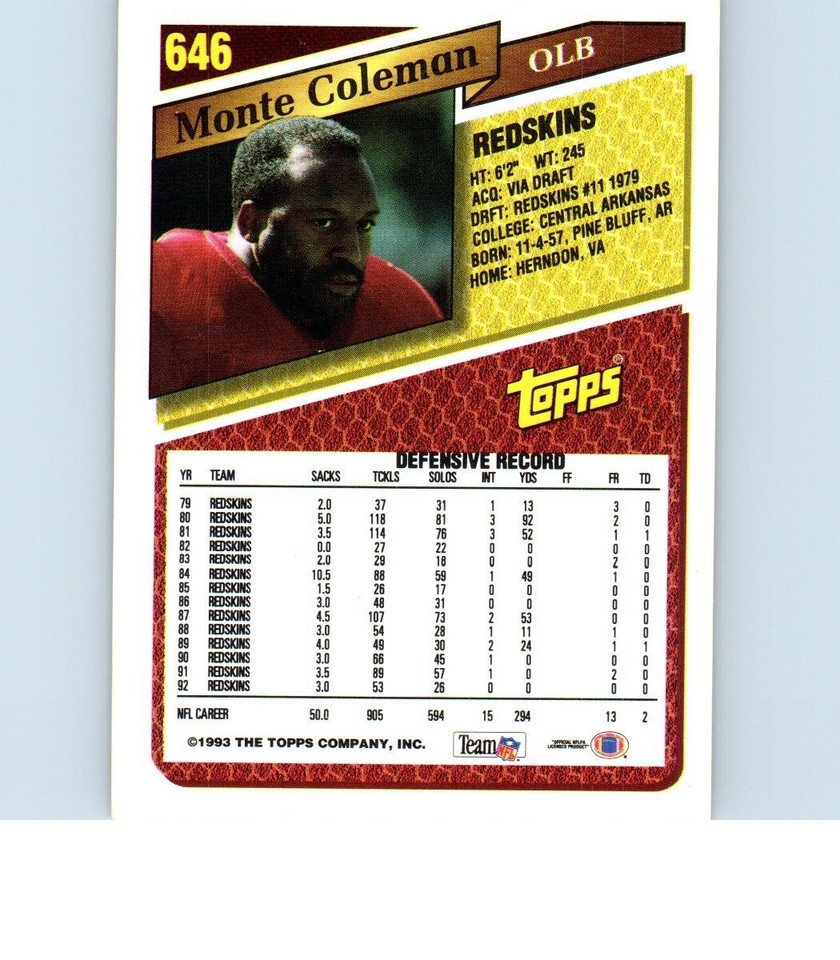 Monte Coleman 646 Redskins 1993 Topps NFL Football Trading Card | eBay