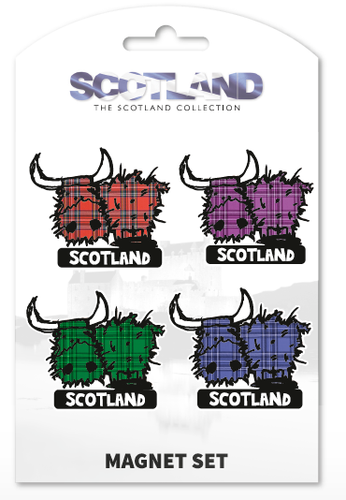 Scottish Tartan Iconic Cartoon Highland Cow Coo Fridge Magnet Set of 4 ...