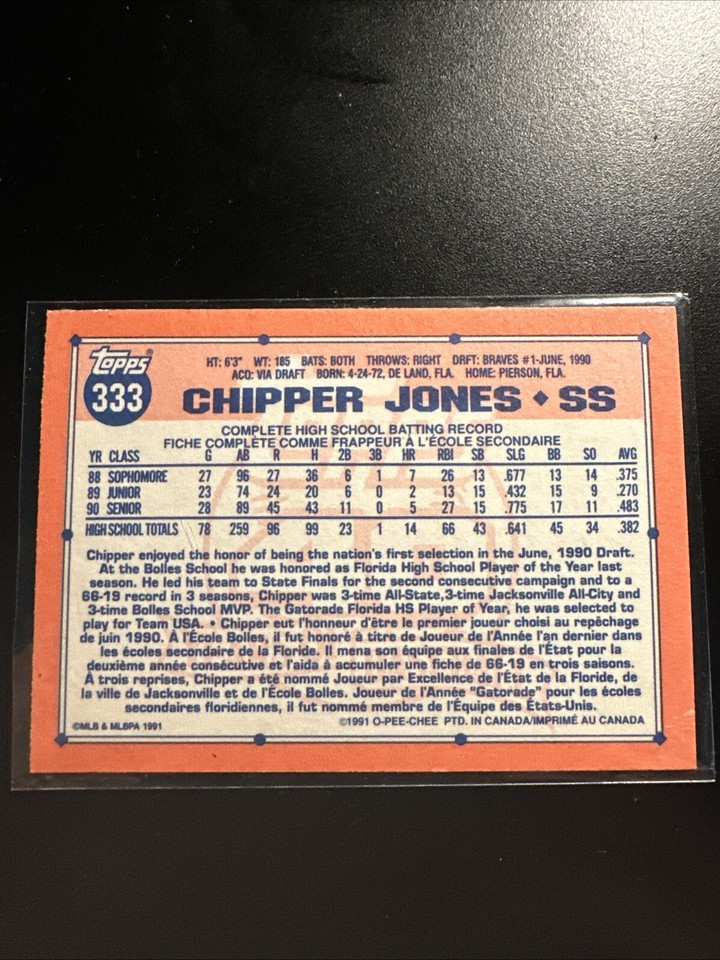 1991 o-pee-chee chipper jones #333 | eBay