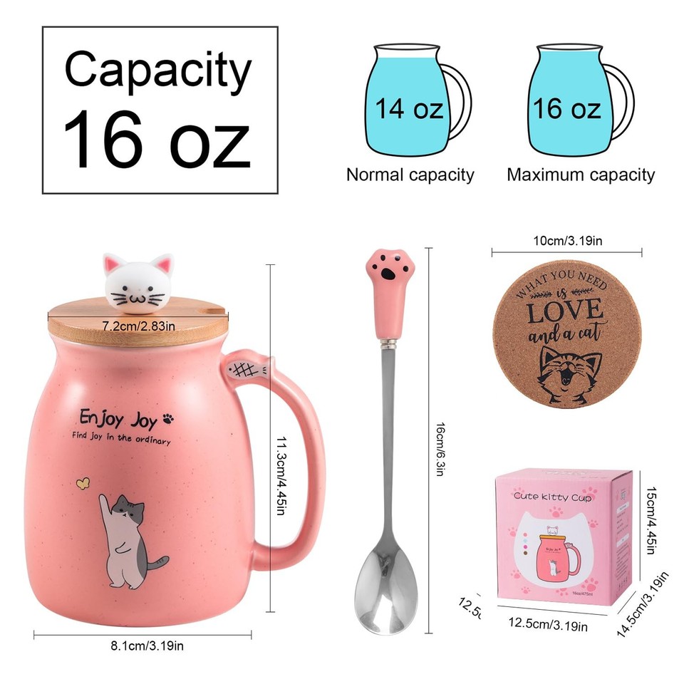 Feify Cute Cat Cup Ceramic Coffee Mug with Kawaii Wooden 16 Ounces ...