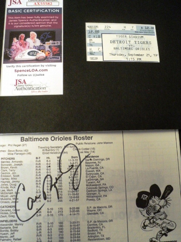 Cal Ripken - Streak Game - Autographed Roster - 9/21/1995 - JSA ...