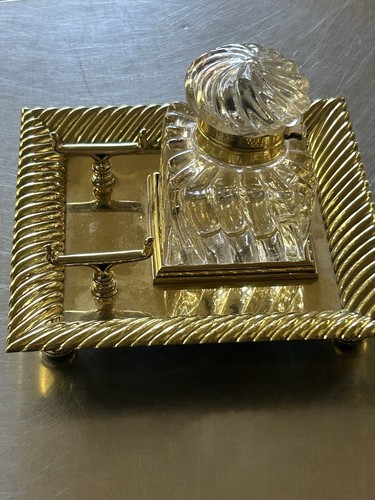 BEAUTIFUL VINTAGE INKWELL & STAND BRASS TRAY WITH FOUNTAIN PEN HOLDER ...