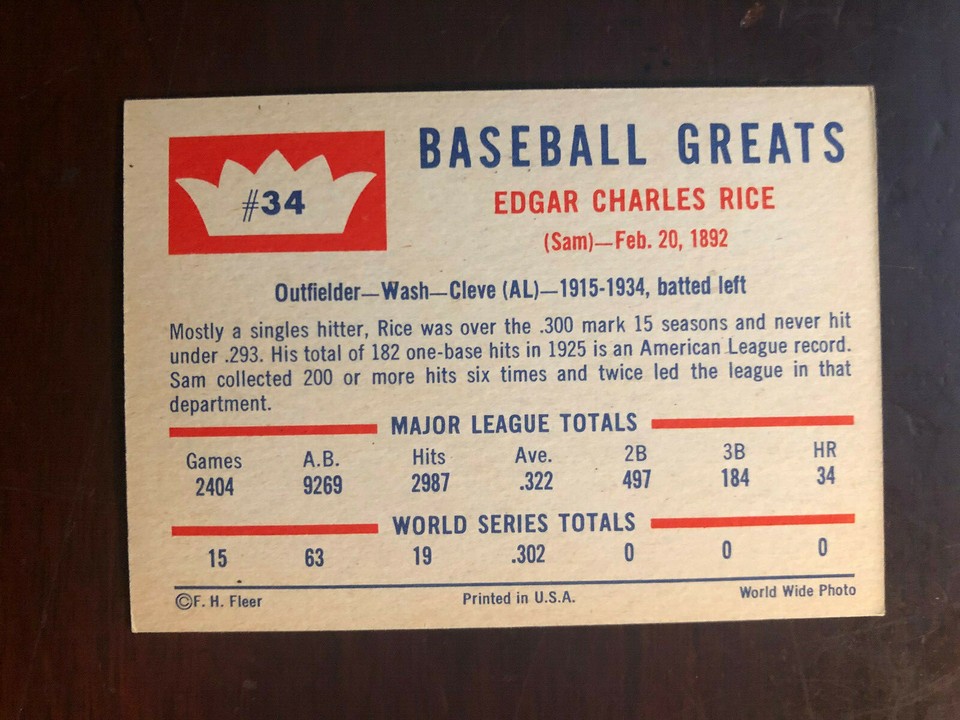 1960 FLEER # 34 SAM RICE BASEBALL GREATS | eBay