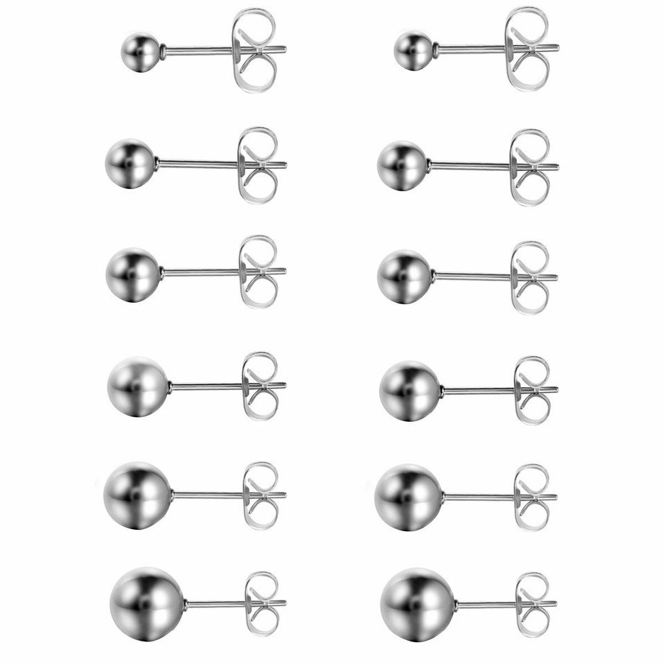 6 Pairs Stainless Steel Round Ball Piercing Ear Studs Earrings Mens ...
