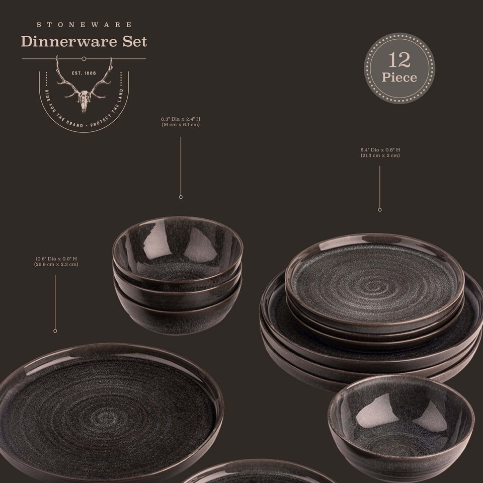 Yellowstone 12-Piece Ceramic Dinnerware Set, Rip Collection Black Solid ...