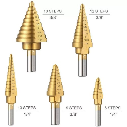 5PC Metal Cut Titanium Coated Step Unibit Drill Bit Set w Automatic ...