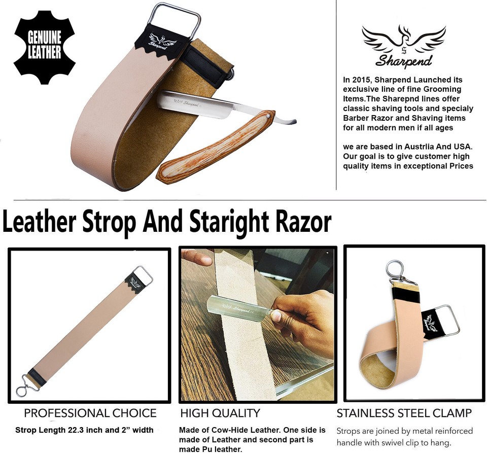 BARBER SALON STRAIGHT CUT THROAT WET SHAVING RAZOR+SHARPENING LEATHER ...