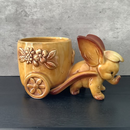 Vintage Novelty Kitsch Mustard Elephant & Floral Cart Pottery Planter ...