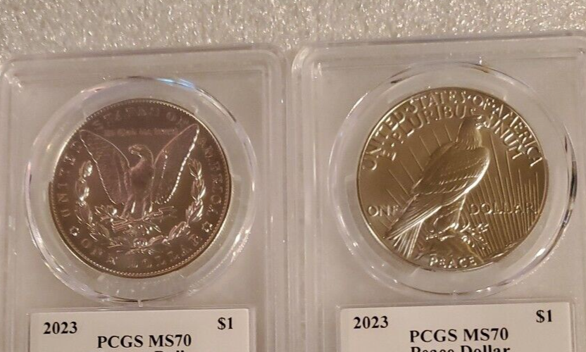 2023 PCGS MS70 FDI SILVER MORGAN & PEACE DOLLAR SET PAUL BALAN FLAG ...