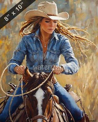 Cowgirl practicing roping with a lasso oil Painting 8x10 Print | eBay