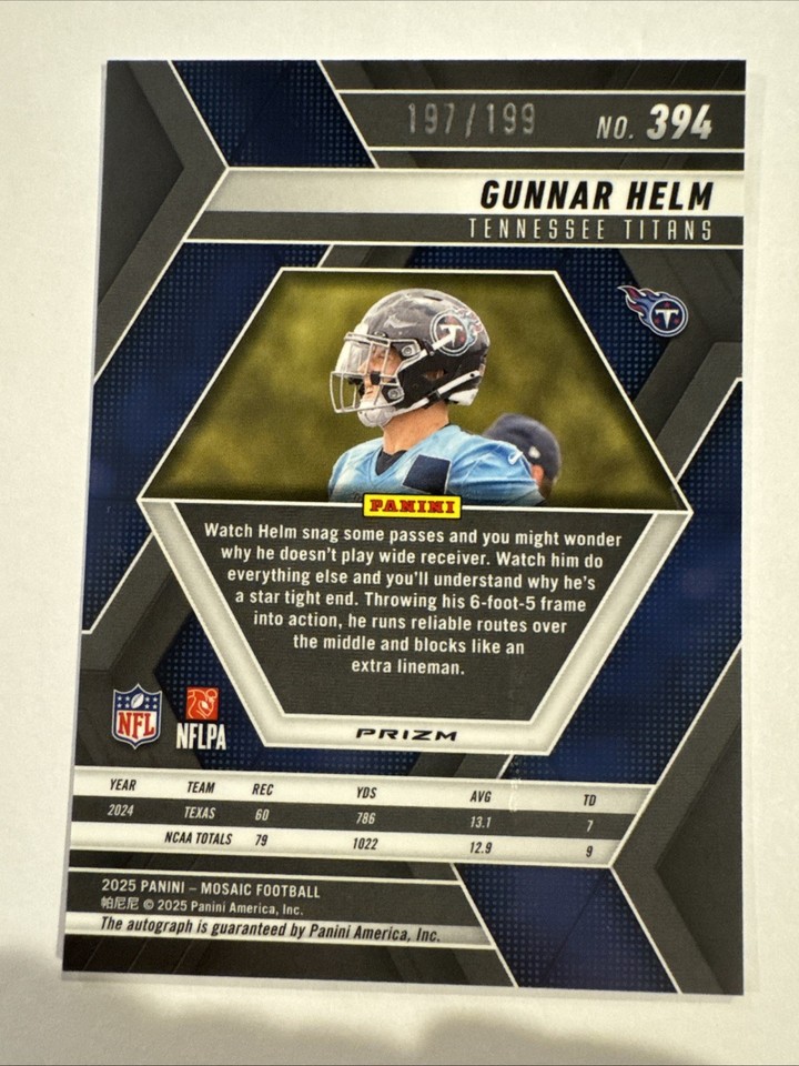 2025 Panini Mosaic Gunnar Helm Auto Red Prizm RC 197/199 #394 | eBay