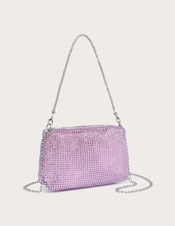 Women’s Pink Metallic Rhinestone Evening Bag Clutch Party Purse Prom ...