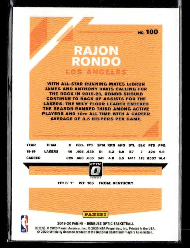 2019-20 Donruss Optic #100 Rajon Rondo Card Los Angeles Lakers | eBay