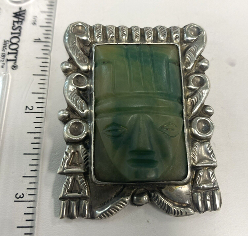 Vintage STERLING SILVER MEXICO CARVED GREEN JADE Myan Aztec FACE MASK ...