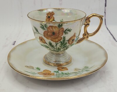 Ucagco Vtg August Poppy Footed Tea Cup with Saucer Iridescent Finish ...