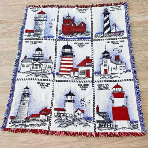 Lighthouses Tapestry Throw Blanket 52x46 Fringed Red White Blue ...