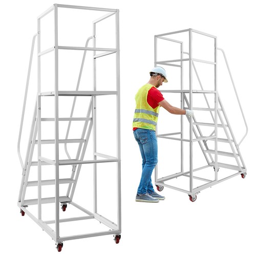 6 Step 550kg Steel Rolling Platform Step Ladder with Safety Guardrail ...