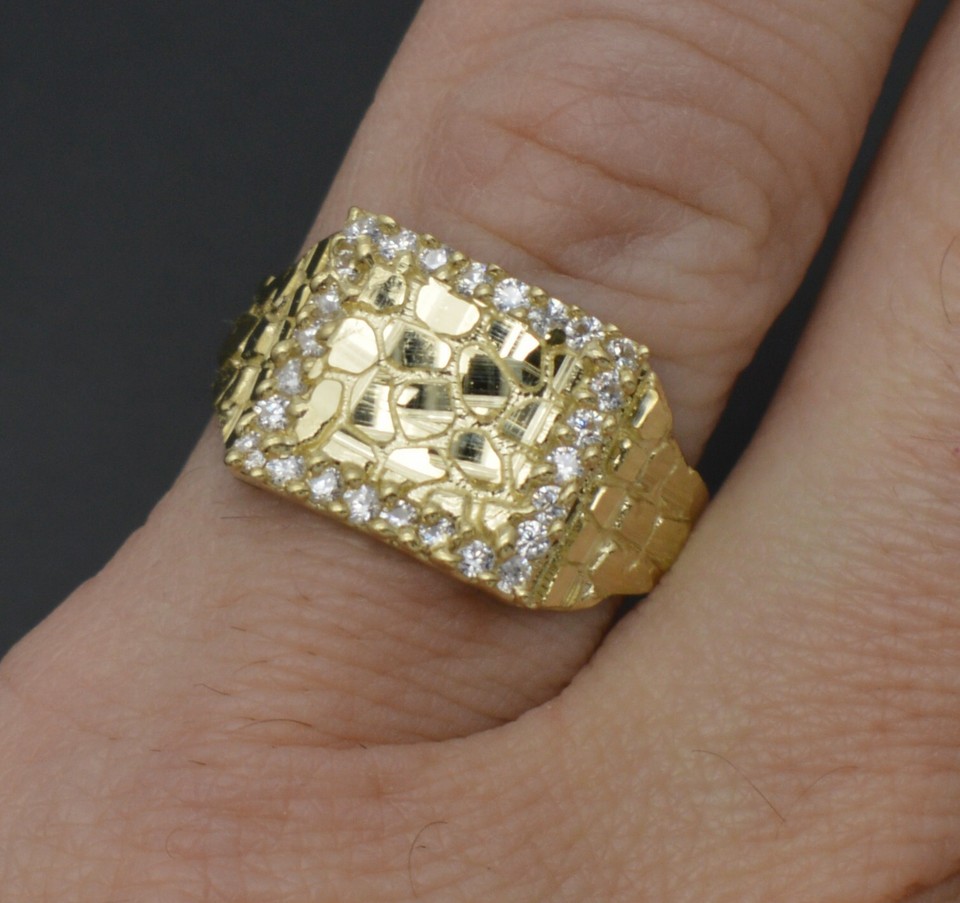 10K Real Yellow Solid Gold Diamond Cut Mens Nugget and Cuban Ring 11 ...