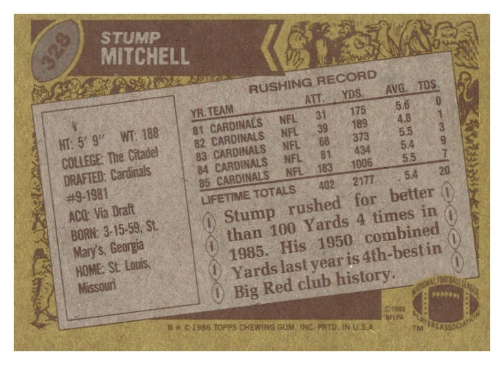 1986 Topps #328 Stump Mitchell St. Louis Cardinals Football Card 33698 ...
