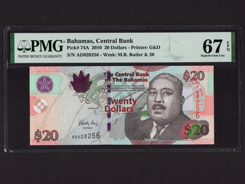 Bahamas:P-74,20 Dollars,2010 * Sir Milo B. Butler * PMG S. Gem UNC 67 ...