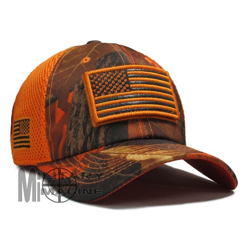 US Flag Hat Hunter Orange Blaze Hunting Detachable Patch Micro Mesh ...