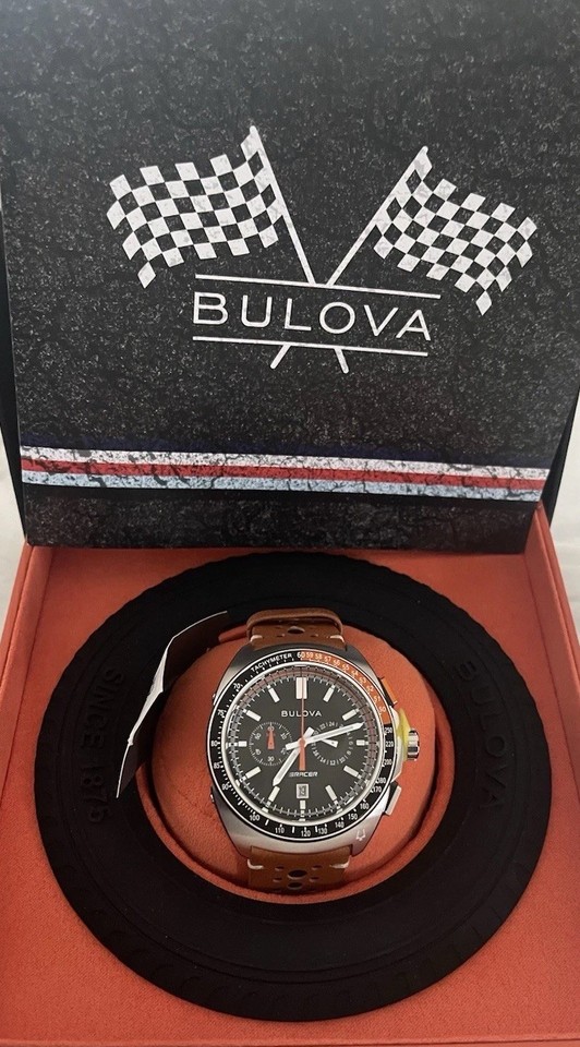 Bulova Racer Chronograph Leather Strap Black Dial Quartz 98B427 100M ...