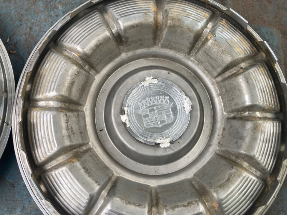TWO 1957 Cadillac Hubcaps OEM, with repainted Center emblems, HOT ROD ...