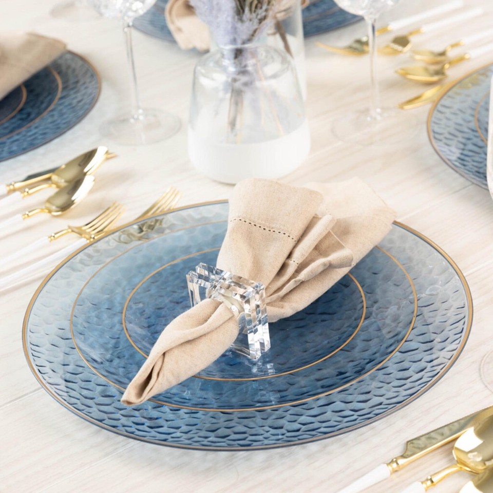 10" Disposable Fancy Blue Plastic Dinner Plates Gold Rim Hammered ...