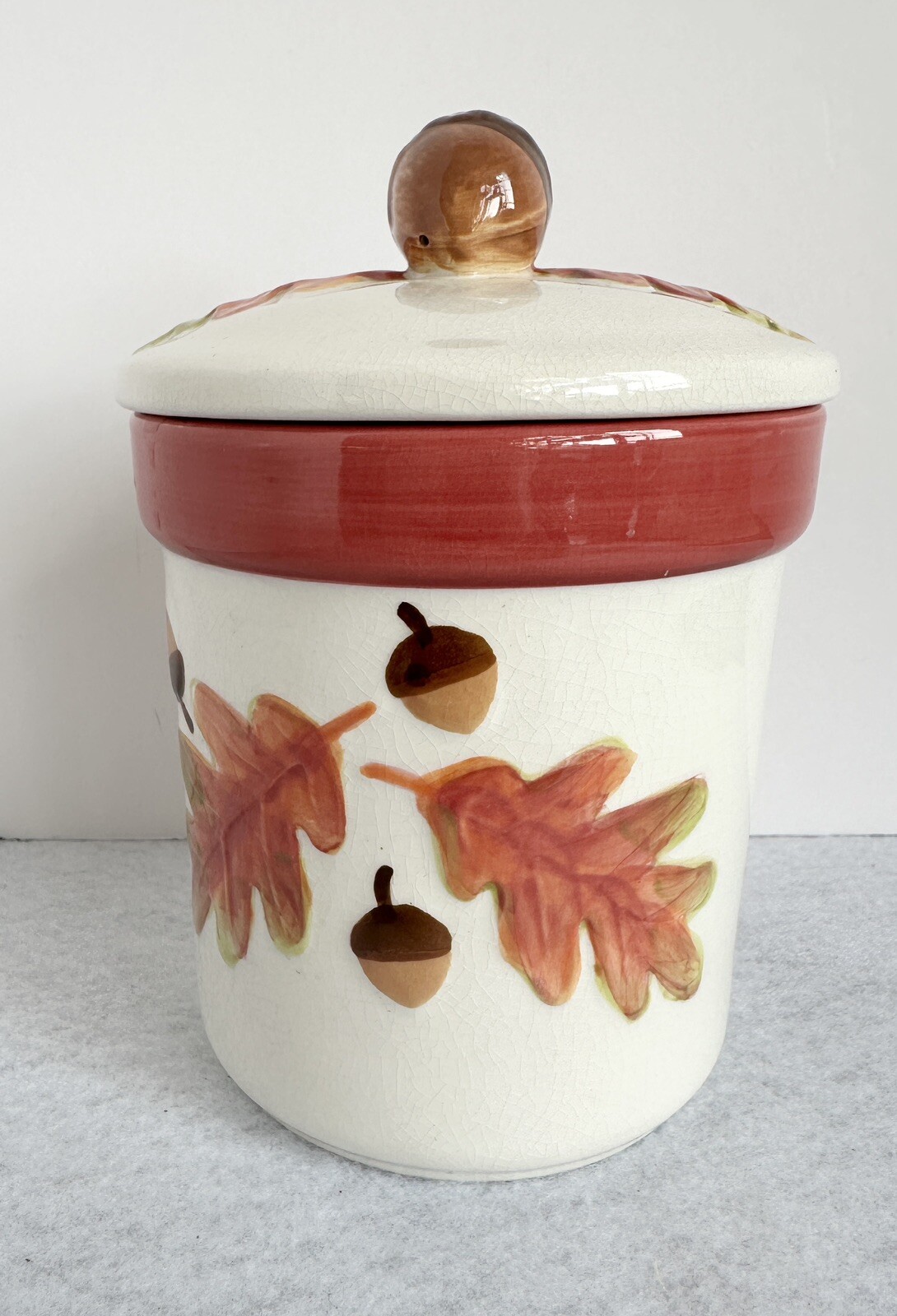 Vintage Hallmark Fall Leaves & Acorns Ceramic Candle Jar Unused Crazing ...