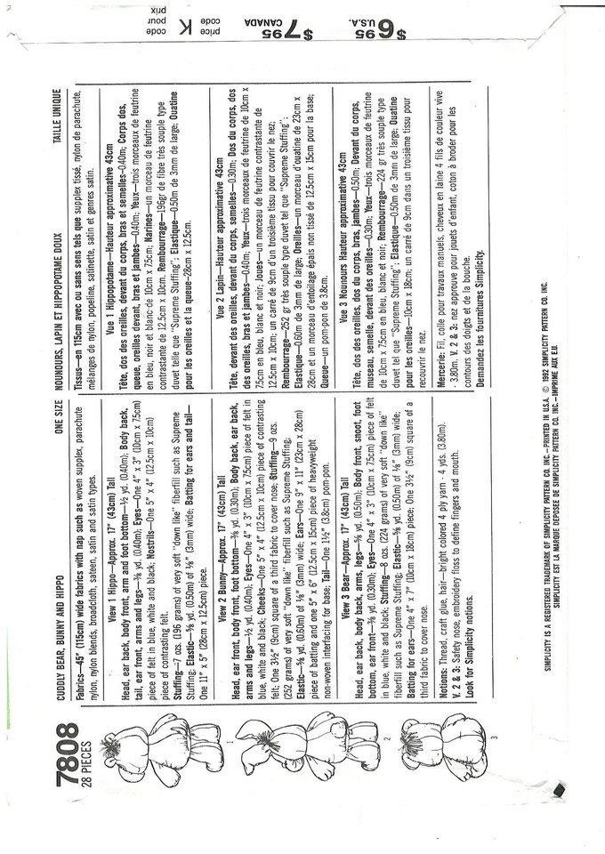 1992 Simplicity Crafts 7808 Cuddly Bear Bunny Hippo 17" sewing pattern ...