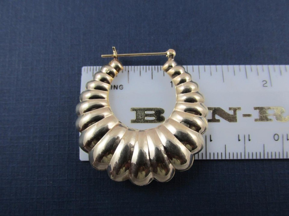 14k Solid Yellow Gold Classic Scalloped Design Earrings Snap Bar ...