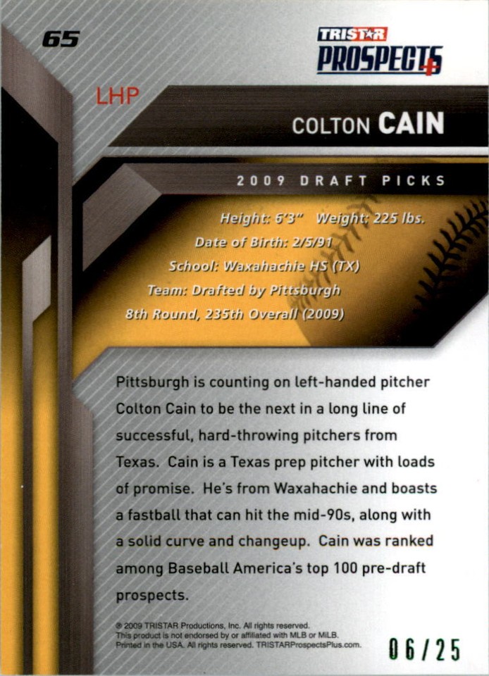 2009 TRISTAR Prospects Plus Green #65 Colton Cain/25 - NM-MT | eBay
