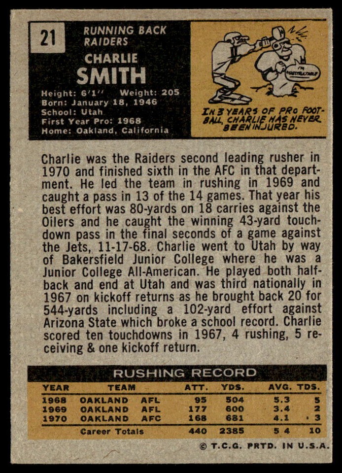 1971 Topps #21 Charlie Smith Football Oakland Raiders | eBay