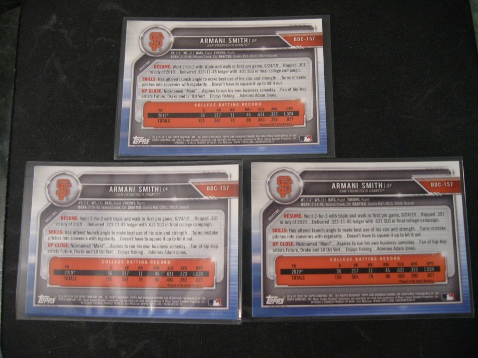 ARMANI SMITH 3-CARD LOT 2019 1st Bowman Chrome Draft #BDC-157 SF Giants ...