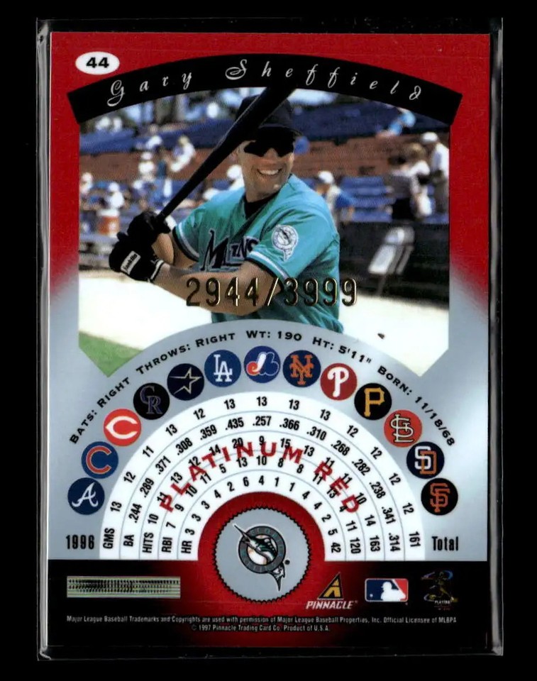 Gary Sheffield 1997 Pinnacle Totally Certified Platinum Red #44 #/3999 ...