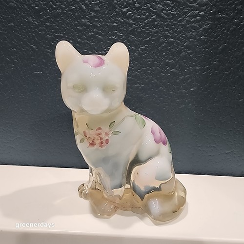 FENTON Glass CAT Figurine opalescent hand painted artist SIGNED purple ...