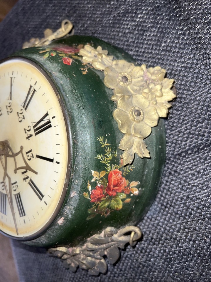 Vintage Antique French Bakers Clock 19th C. Brass Mounts Green Floral ...
