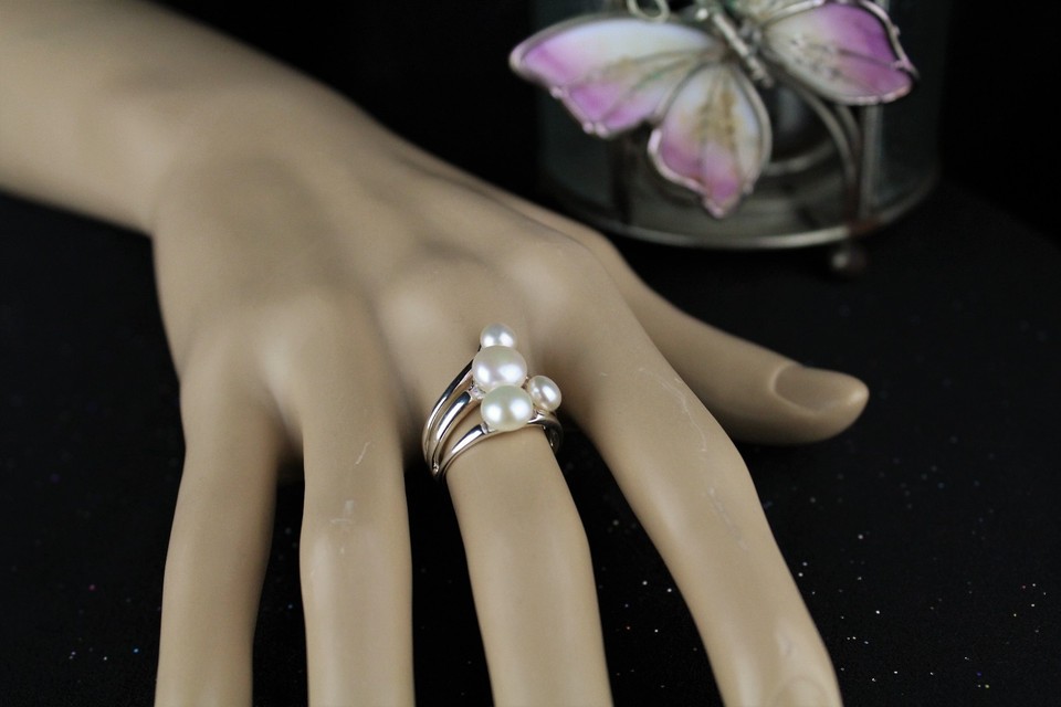 Sterling Silver Pearl Ring 3 Tier Band with 4 Freshwater Pearls Cluster ...