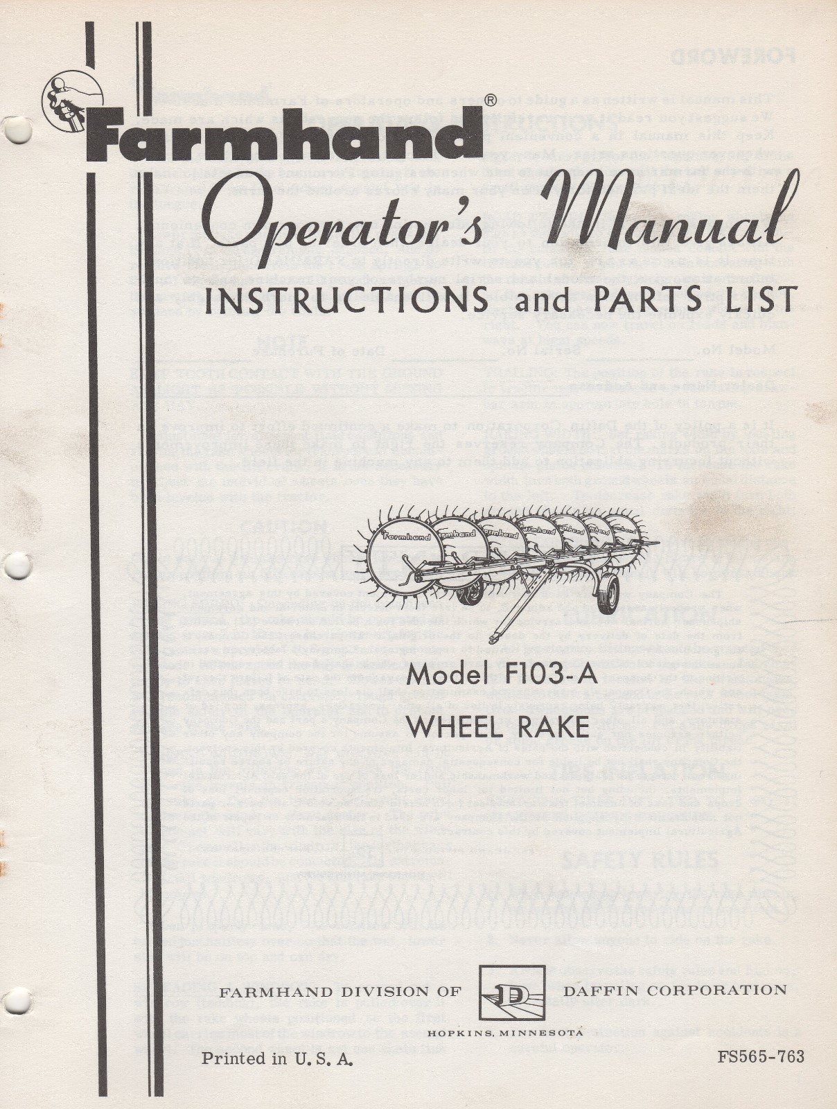 FARMHAND WHEEL RAKE MODEL F103-A OPERATOR'S & PARTS MANUAL FS565-763 ...