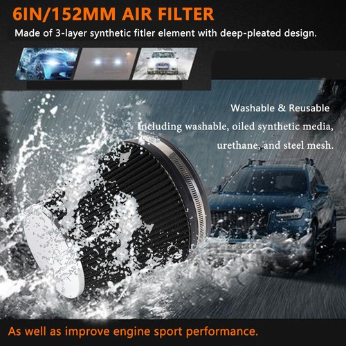 BLACK Short 6" 152mm Inlet Truck Air Intake Cone Replacement Dry Air ...