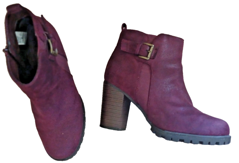 Ladies 9 M Deep Plum Purple Chunky Bootie Shoes 3.5" Heel Zippers EC ...