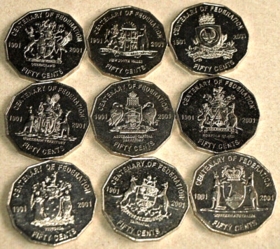 2001 50c 9 Coins Set-Centenary of Federation 50 Cent Coins All States ...