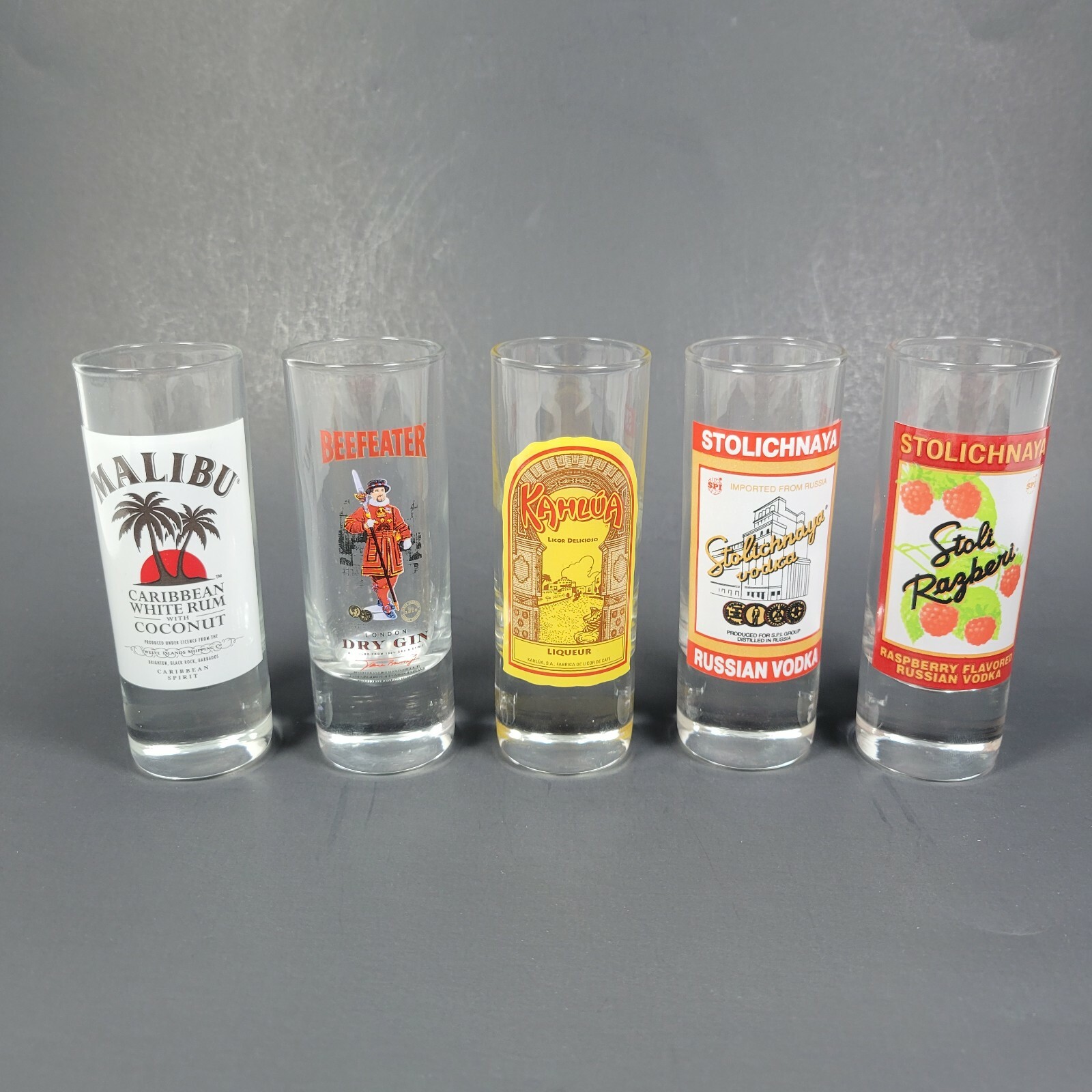 Set of 5 Beefeater Stolichnaya Kahlua Malibu 4" TALL SHOT / SHOOTER ...