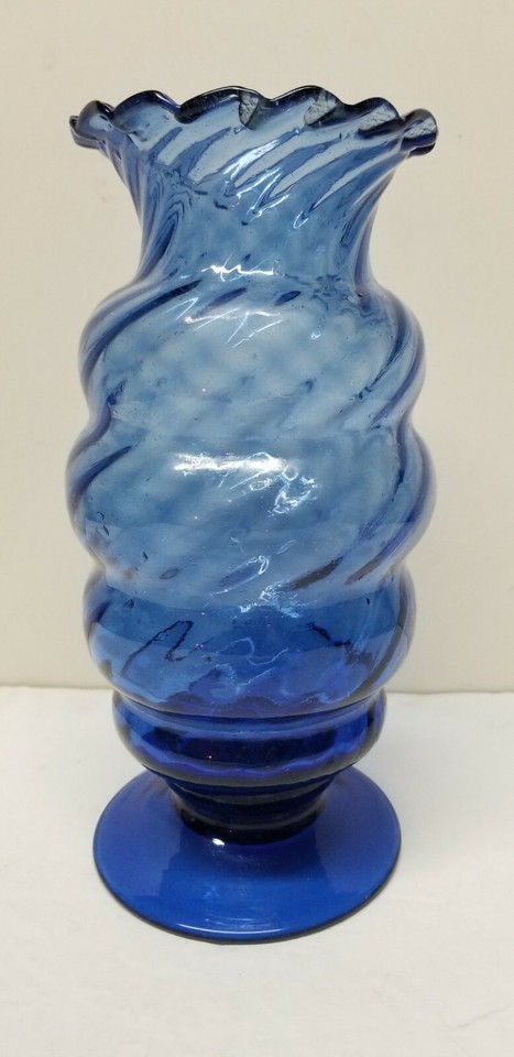 ART GLASS BLUE SWIRL MULTI BULBOUS RUFFLE RIM FOOTED GLASS VASE 9 2/3 ...