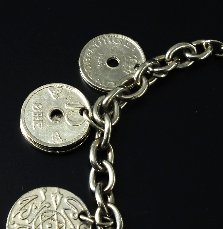 Assorted Round Coin Charm Curb Chain SILVER TONE Bracelet 7.7" - P36 ...